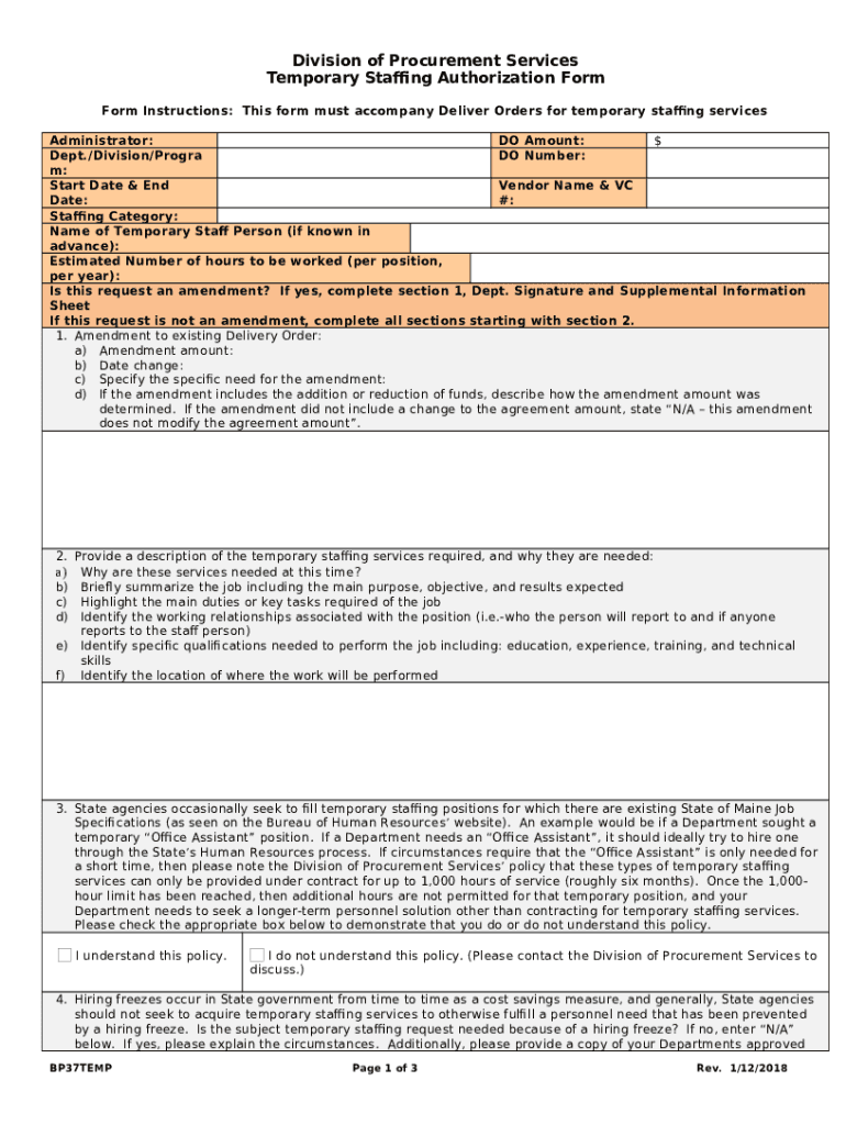 Temporary Staffing Authorization - Maine.gov Doc Template | pdfFiller