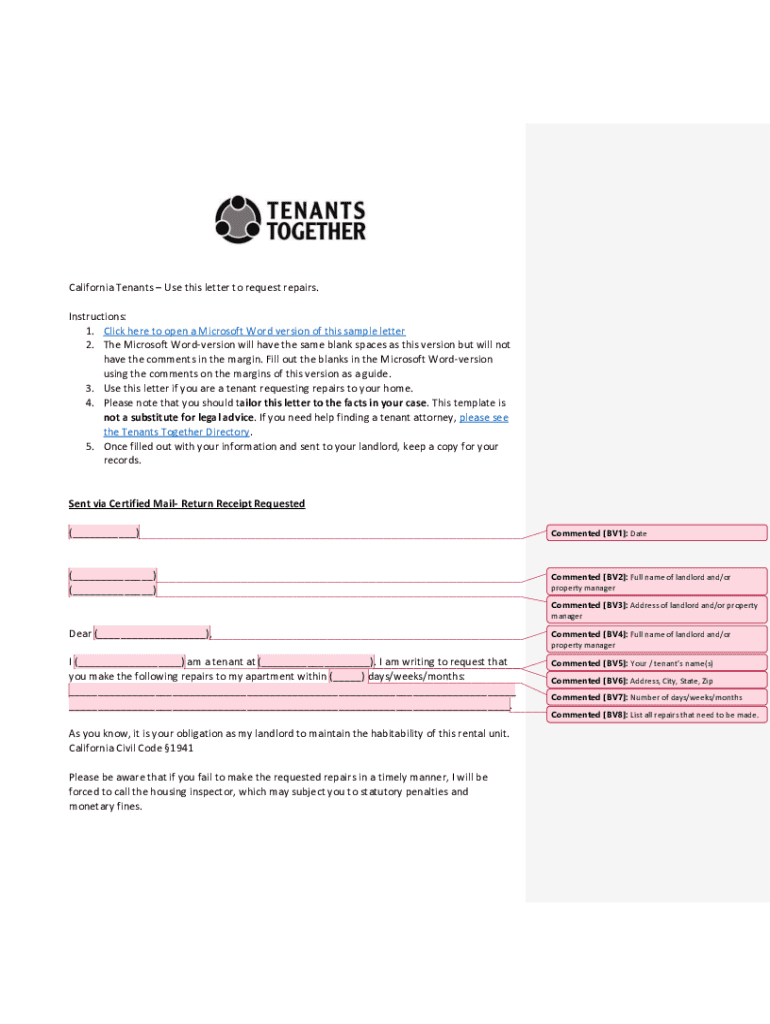 Fillable Online Sample Letter to Landlord: Repair and DeductKentucky ...