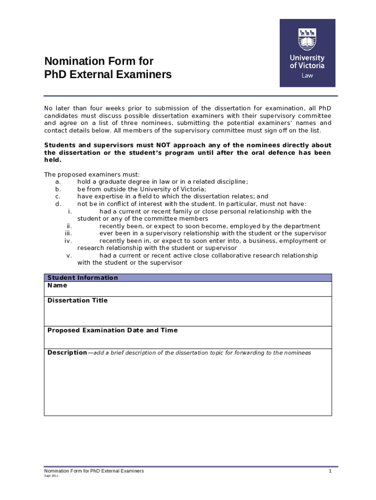Nomination for External Examiners - UVic Doc Template | pdfFiller