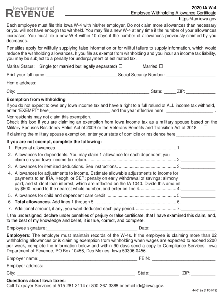 Fillable Online 2021 IA W-4 Employee Withholding Allowance Certificate ...