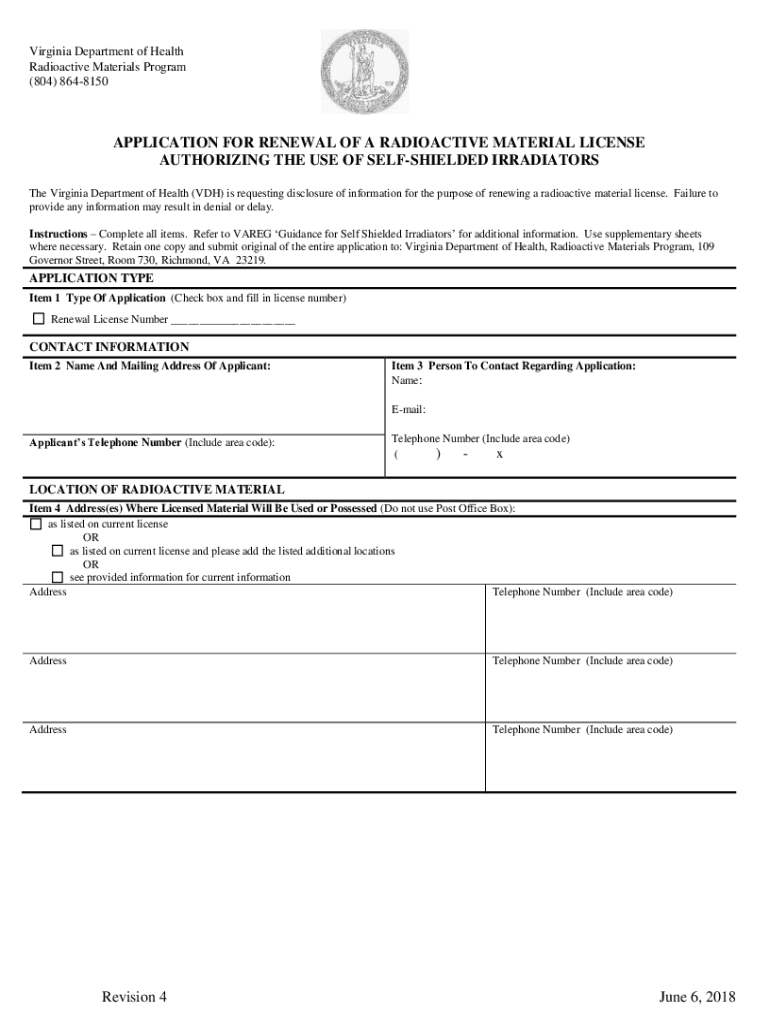 Fillable Online APPLICATION FOR RENEWAL OF A RADIOACTIVE MATERIAL ...