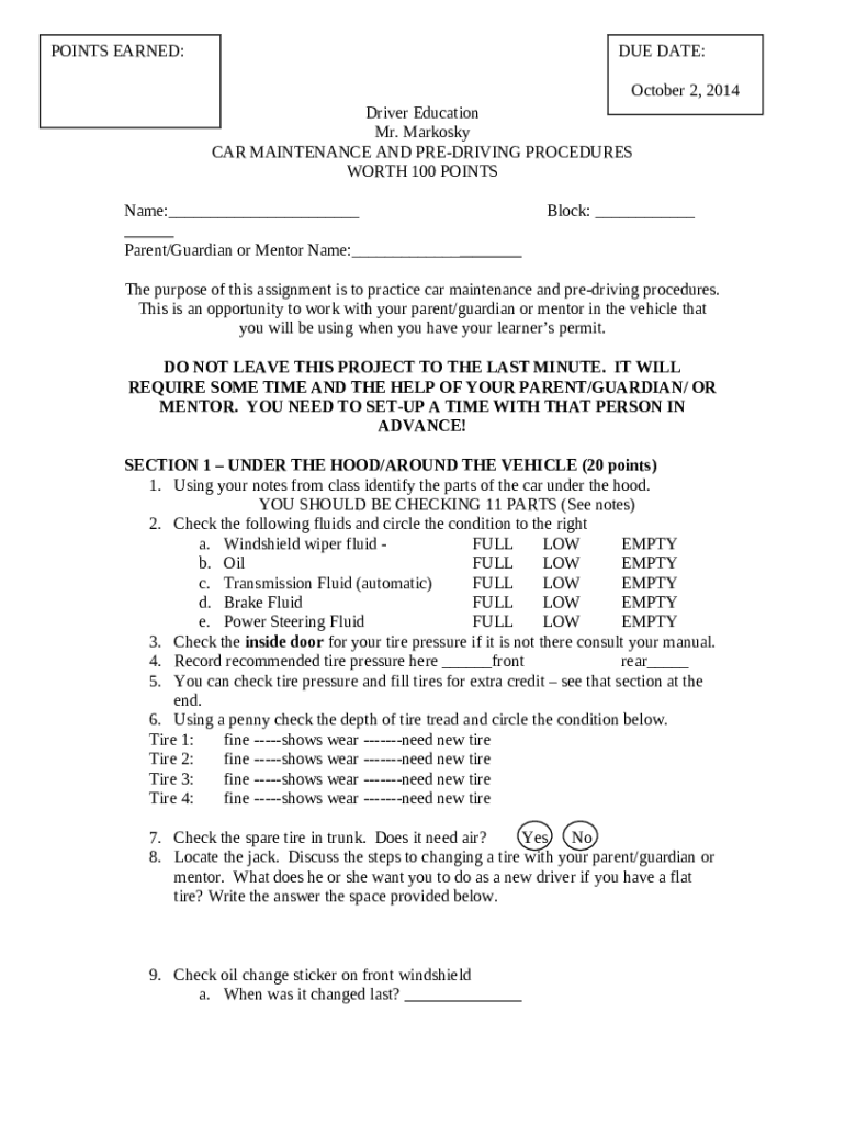 pre driving procedures Doc Template | pdfFiller