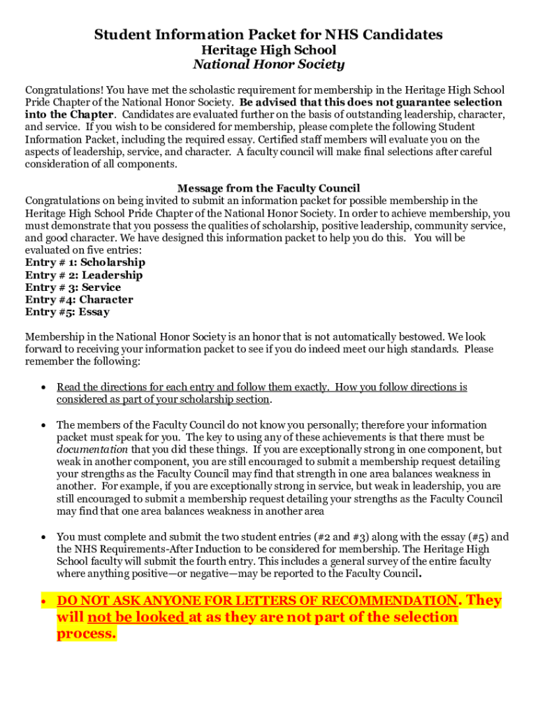 Fillable Online Student Information Packet for NHS Candidates Heritage ...
