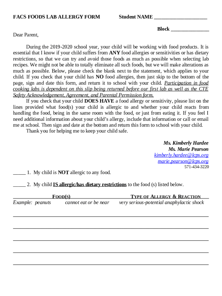 FACS FOODS LAB ALLERGY NAME Doc Template | pdfFiller