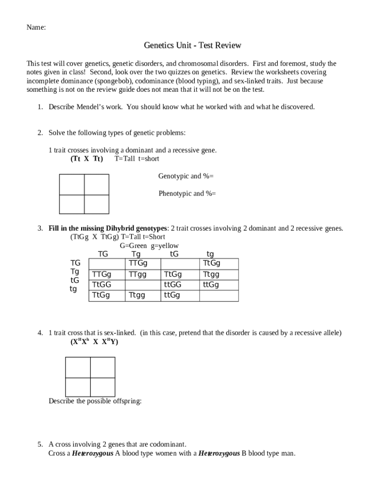 Genetics Test - Review Sheet Doc Template | pdfFiller