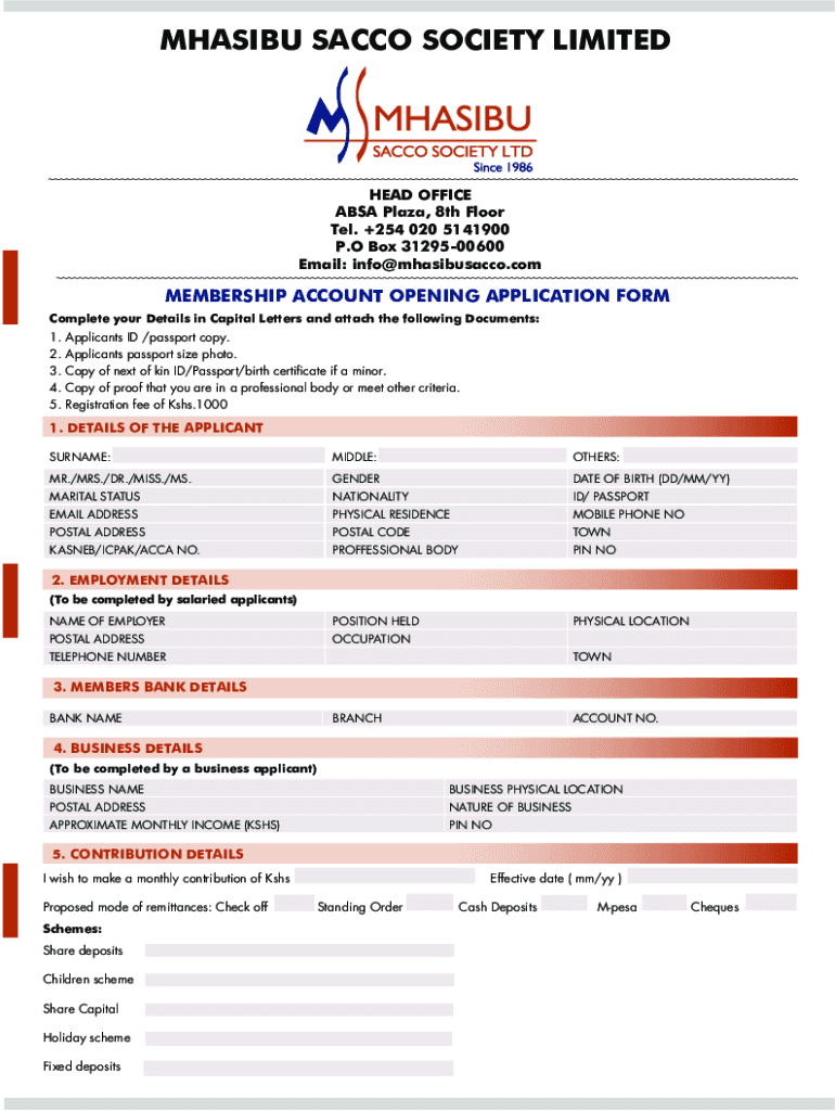 Mhasibu Sacco Membership Account Opening Application Form - Blank ...