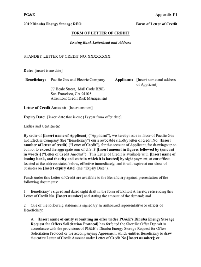 Fillable Online PG&E Appendix E1 2019 Dinuba Energy Storage RFO Form ...