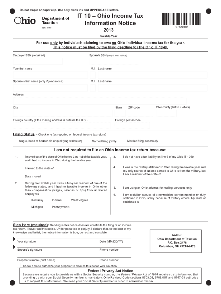 Fillable Online Ohio Form IT 10 (Ohio Income Tax Information Notice ...
