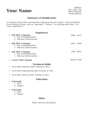 Instant Resume Templates: Resume For Older Worker Doc Template | pdfFiller