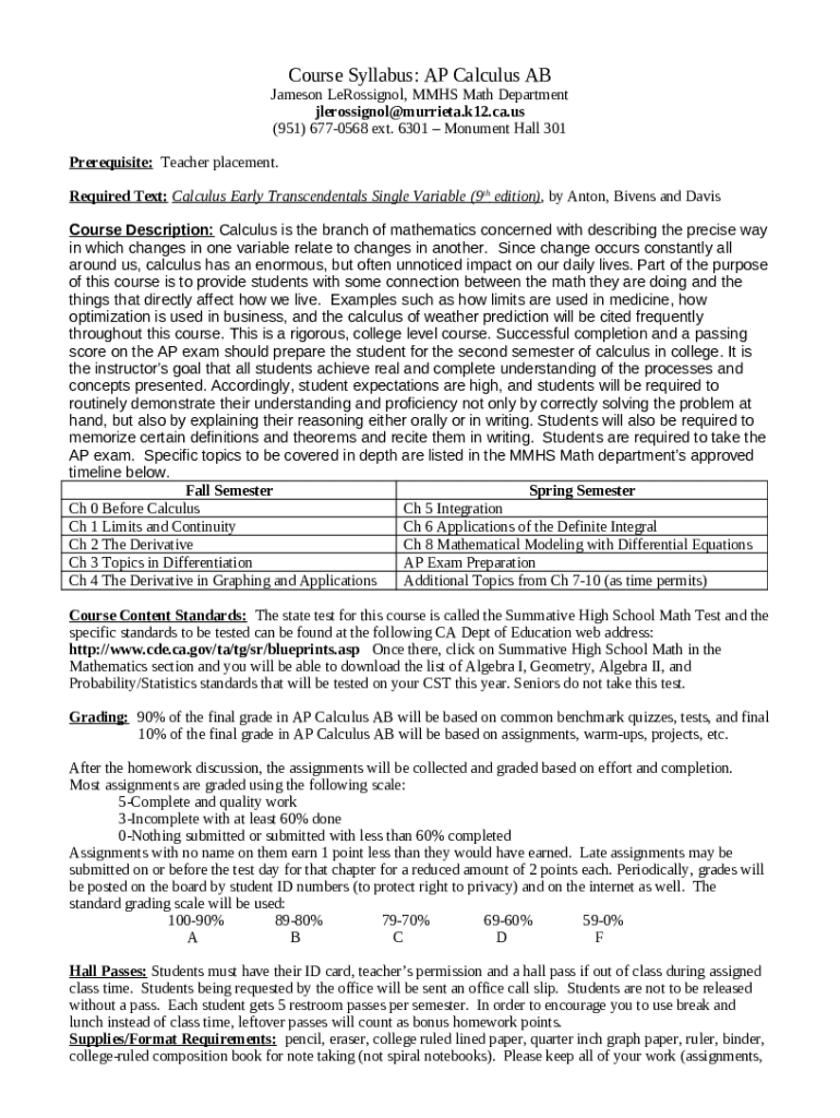 Course Syllabus: AP Calculus AB Doc Template | pdfFiller
