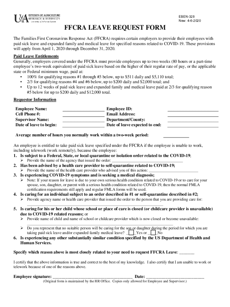 Fillable Online EBEN-328 New: 4-6-2020 FFCRA LEAVE REQUEST FORM Fax ...