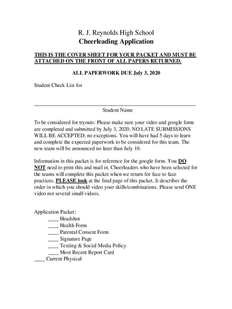 Fillable Online R. J. Reynolds High School Cheerleading Application Fax ...