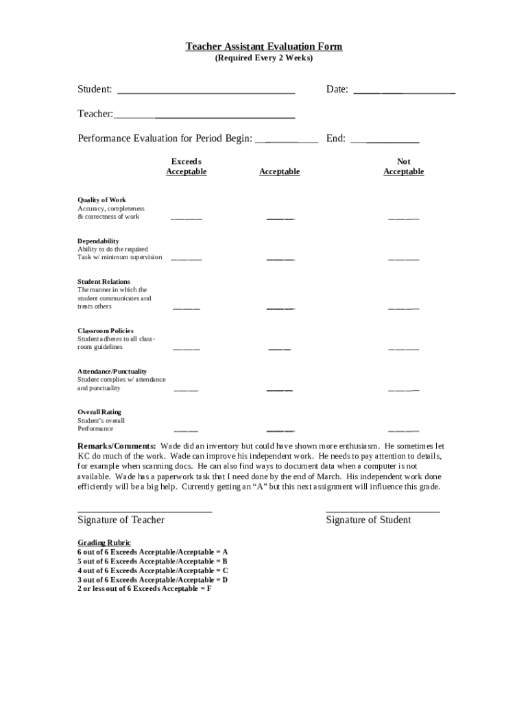 Teacher Assistant Evaluation Doc Template PdfFiller