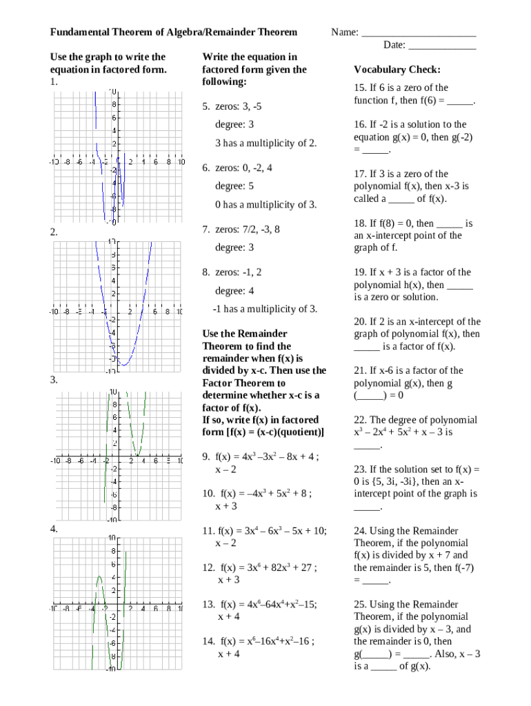 Fundamental Theorem of Algebra Worksheet Doc Template | pdfFiller