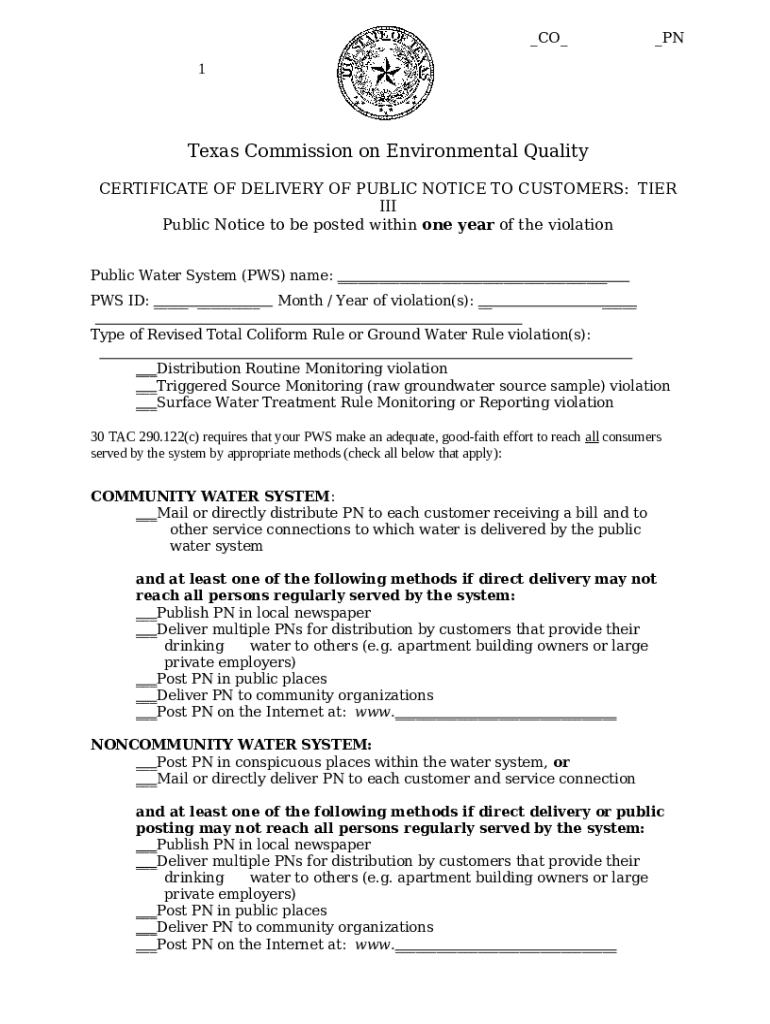 CERTIFICATE OF DELIVERY OF PUBLIC NOTICE TO CUSTOMERS:TIER III Doc ...