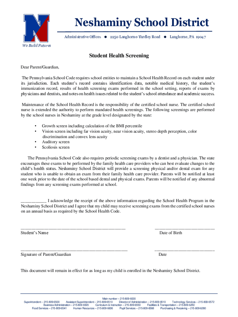 Fillable Online Student Health Screening - Neshaminy School District ...