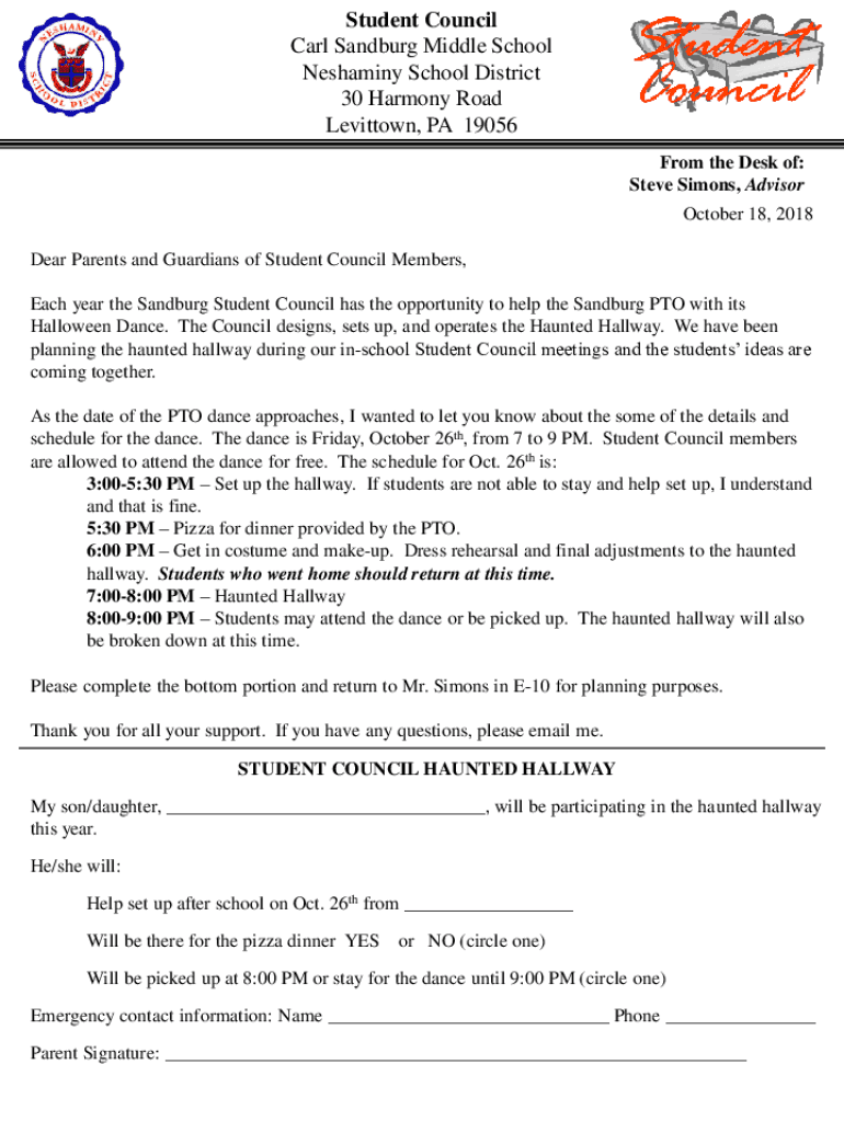 Fillable Online Student Council Carl Sandburg Middle School Neshaminy ...