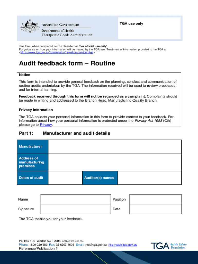 Fillable Online Audit feedback form - Routine. manufacturing therapeutic goods Fax Email Print ...