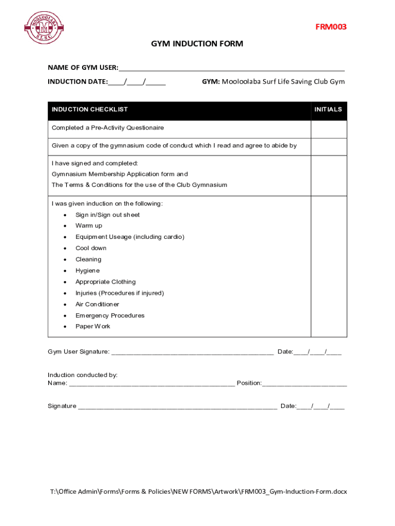 Fillable Online FRM003 GYM INDUCTION FORM - mooloolabaslsc.com.au Fax ...