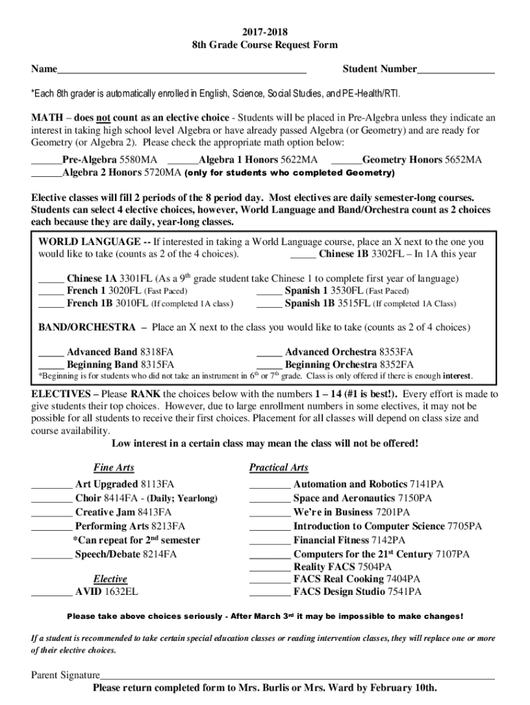 Fillable Online 2017-2018 8th Grade Course Request Form ... Fax Email Print - pdfFiller