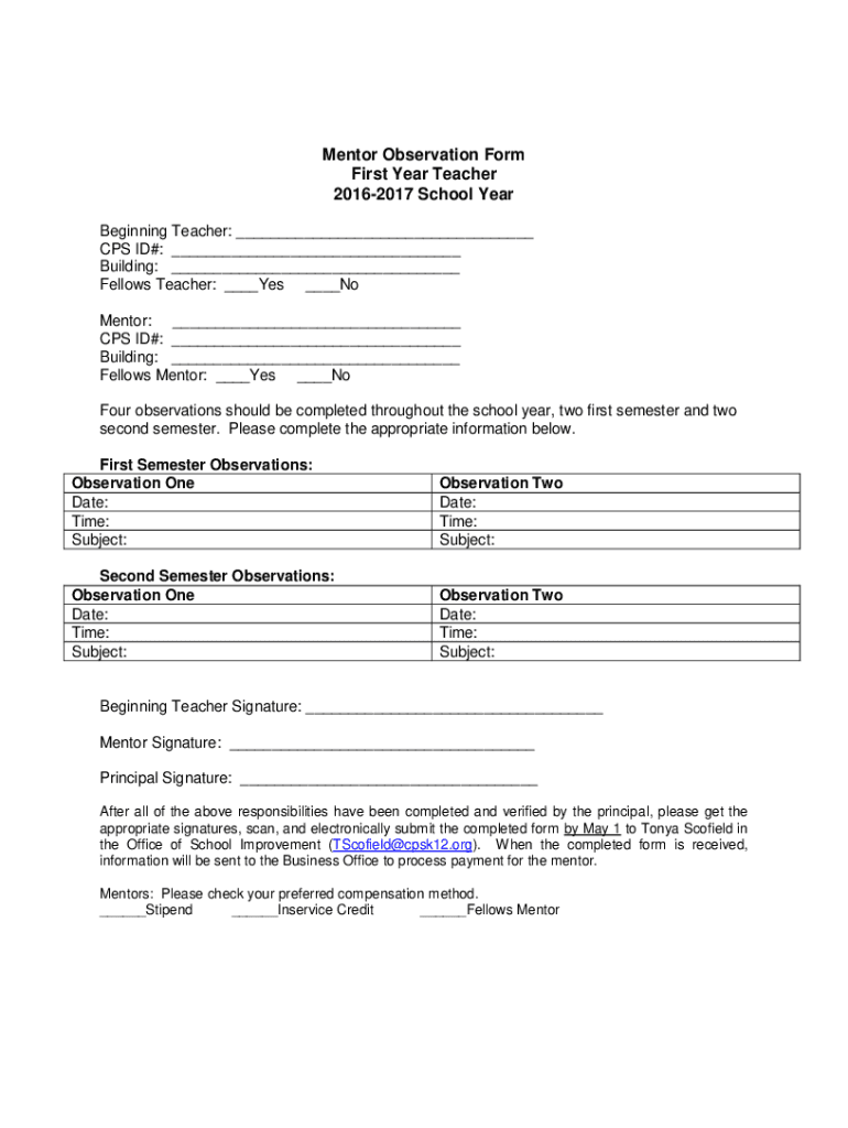 Fillable Online Mentor Observation Form First Year Teacher 2016-2017 ...