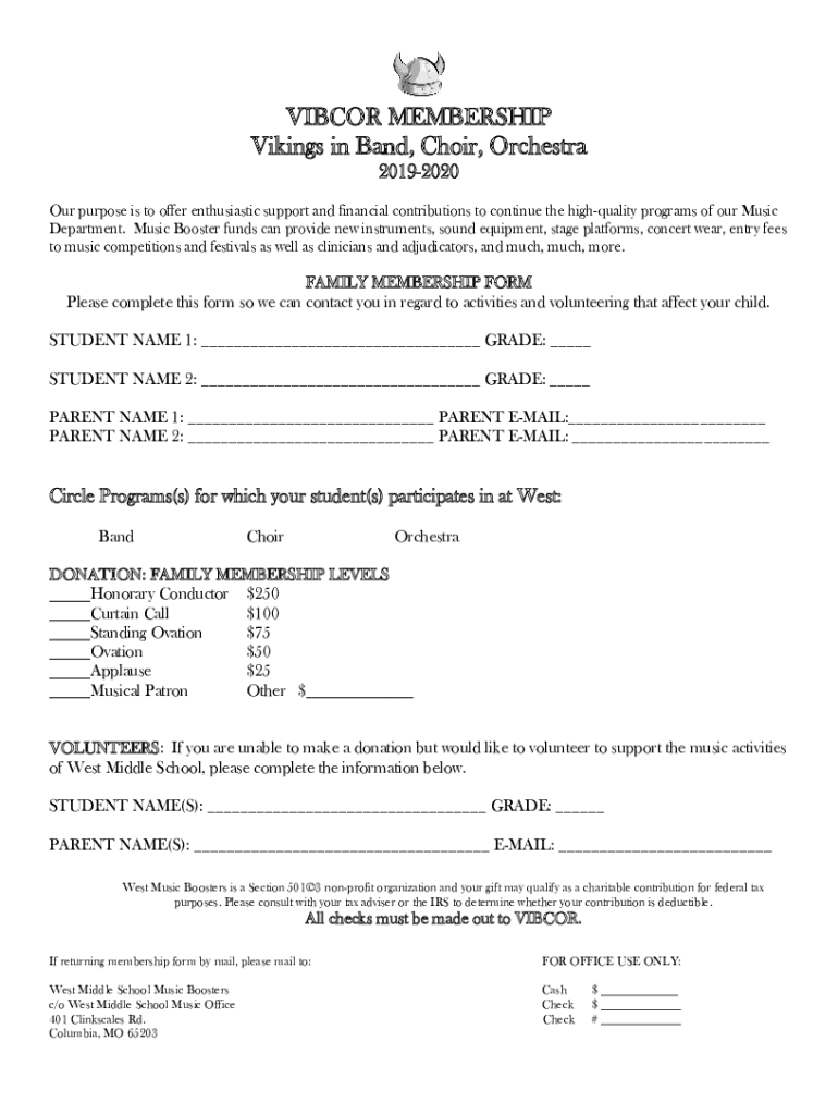Fillable Online VIBCOR MEMBERSHIP Vikings in Band, Choir, Orchestra Fax Email Print - pdfFiller