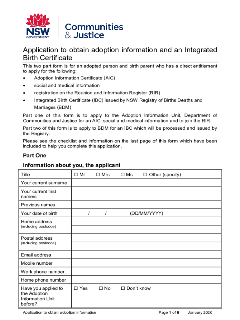 Fillable Online Application to obtain adoption information and an Integrated Birth Certificate ...