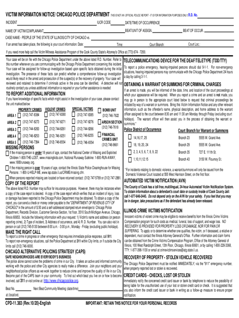 Fillable Online chicago police victim information notice Fax Email ...