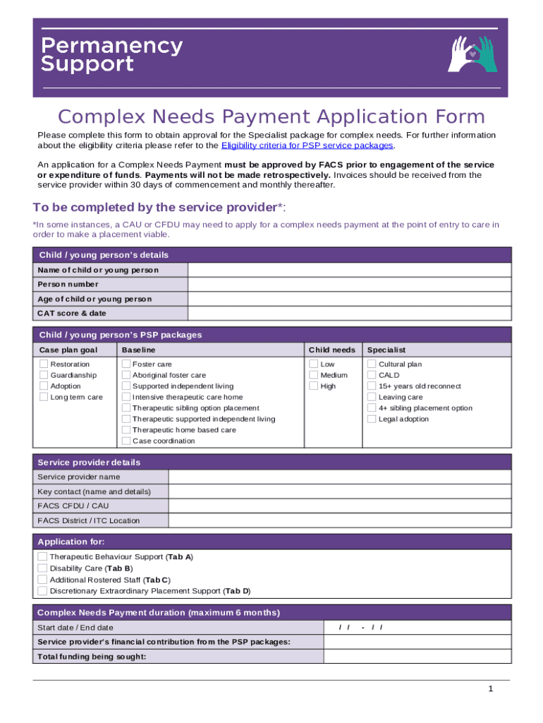 Complex needs payment application Doc Template | pdfFiller