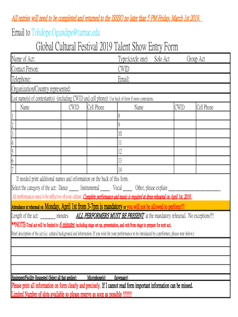 Fillable Online Global Cultural Festival 2019 Talent Show Entry Form ...