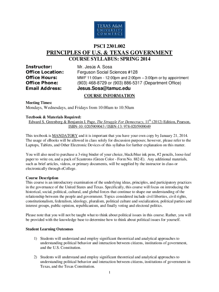 Fillable Online principles of us & texas government - Texas A&M Commerce Fax Email Print - pdfFiller