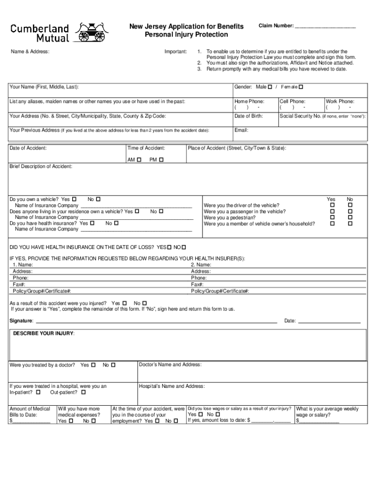 Fillable Online application for benefits - personal injury protection ...