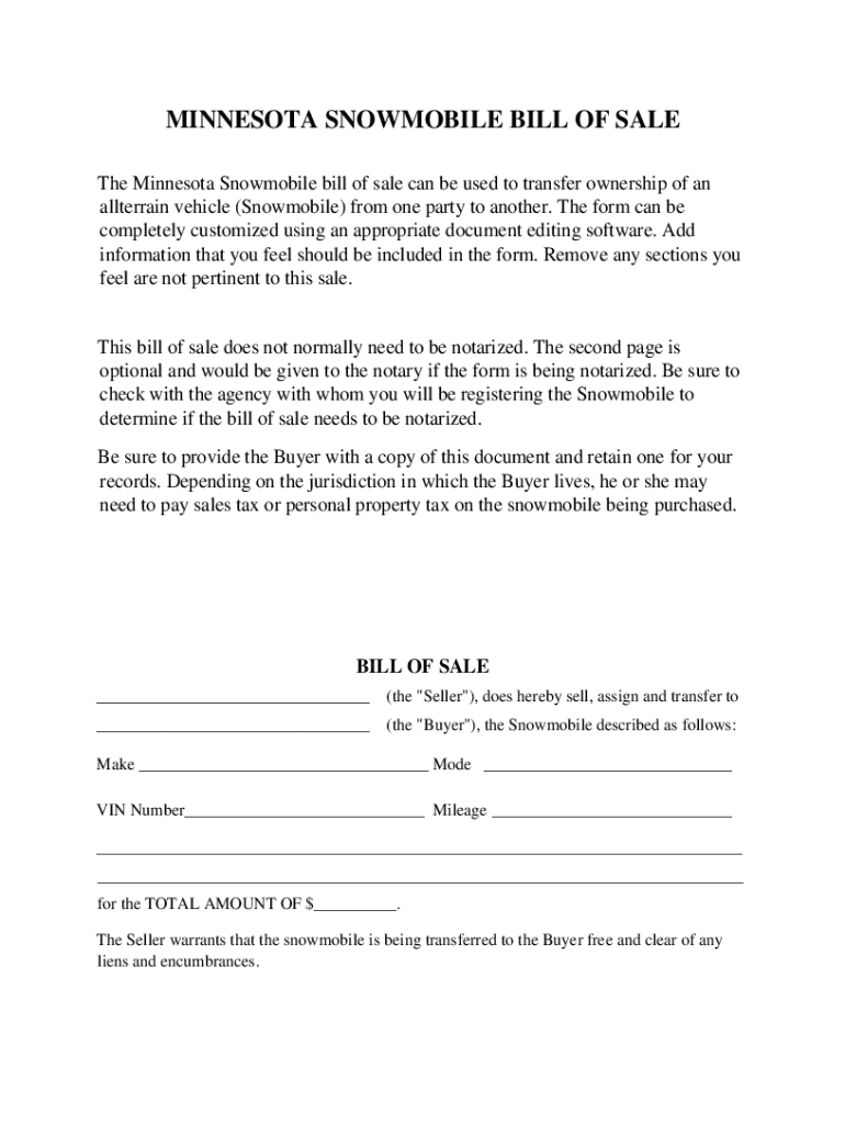 Minnesota Snowmobile Bill of Sale - Blank Fillable Template | Fill Out ...