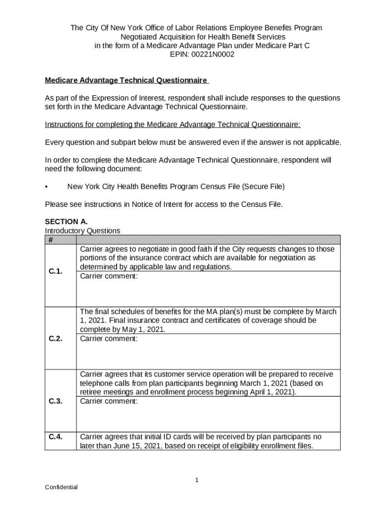 Medicare Advantage Technical Questionnaire - NYC.gov Doc Template ...