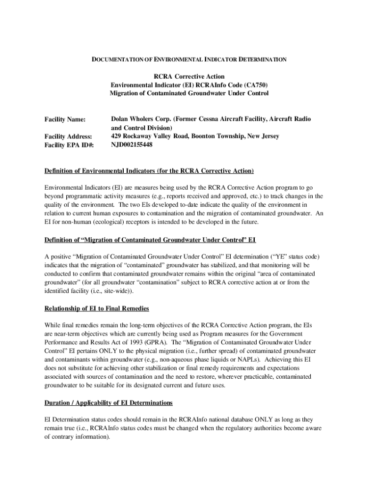 Fillable Online Documentation of Environmental Indicator Determination - Dolan Wholers Corp ...