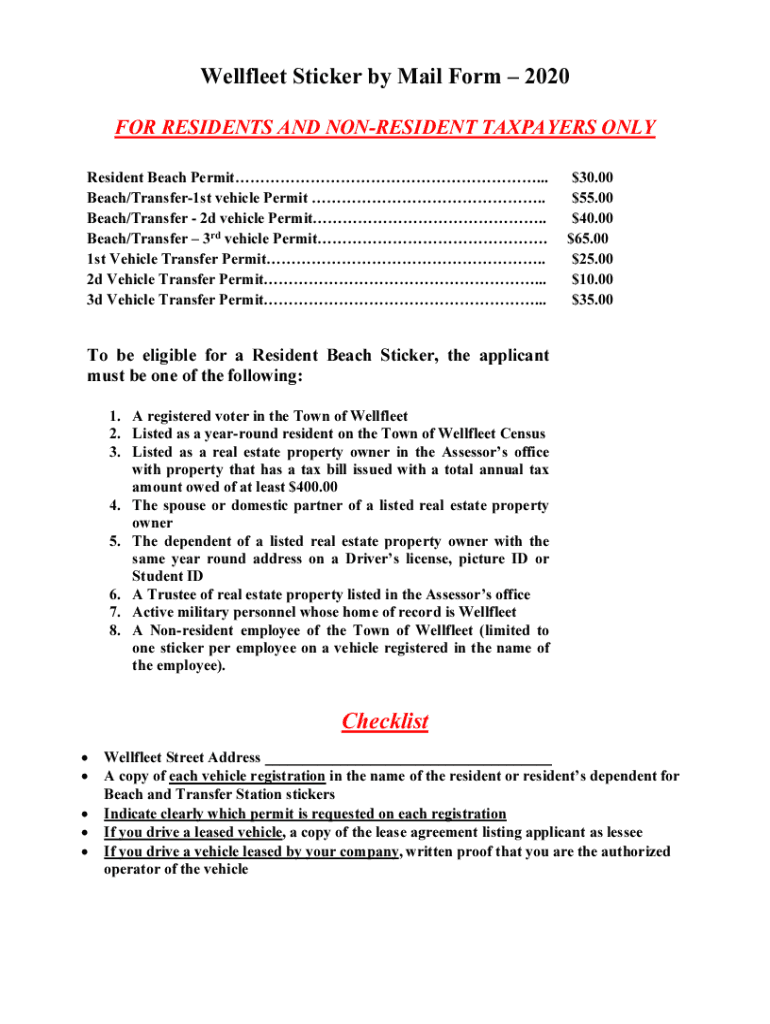 Fillable Online Fillable Online Wellfleet Sticker by Mail Form2018 ...