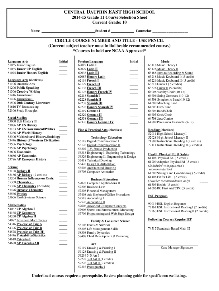 Fillable Online 2014-15 Grade 11 Course Selection Sheet Fax Email Print ...