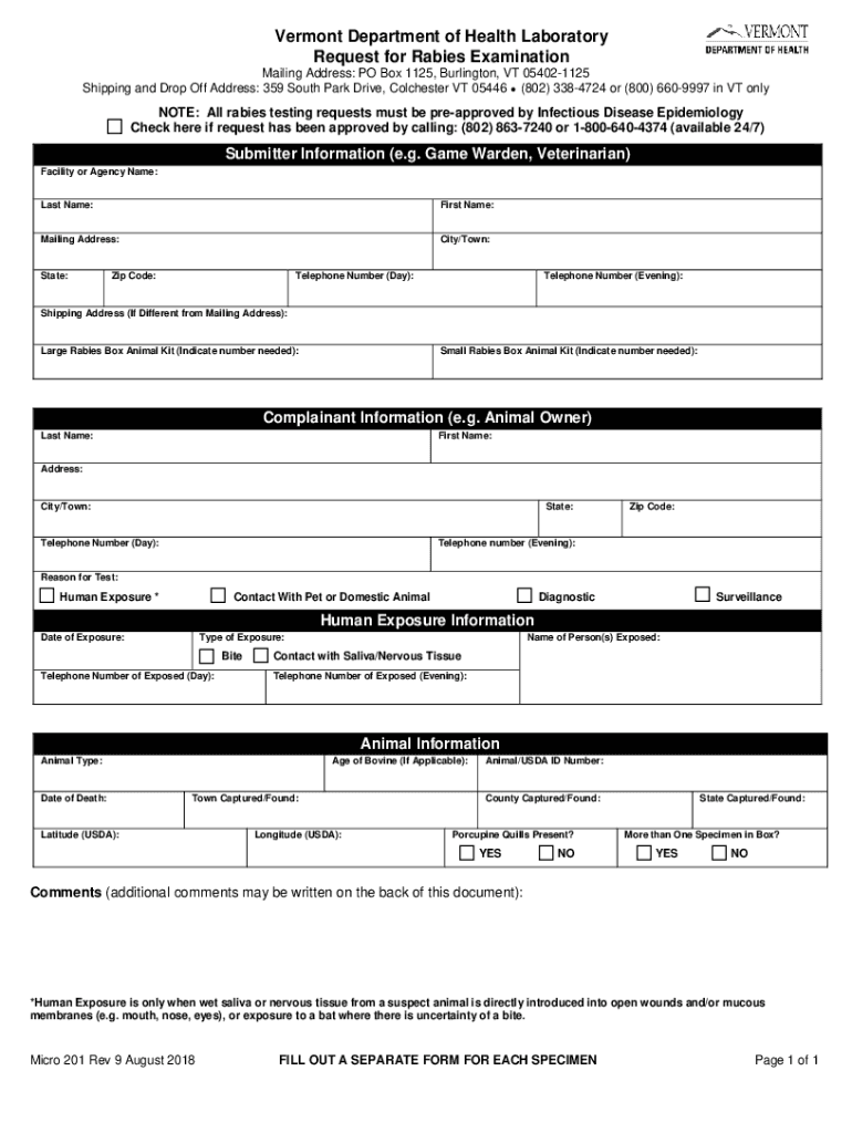 Fillable Online Vermont Department of Health Laboratory Request for ...