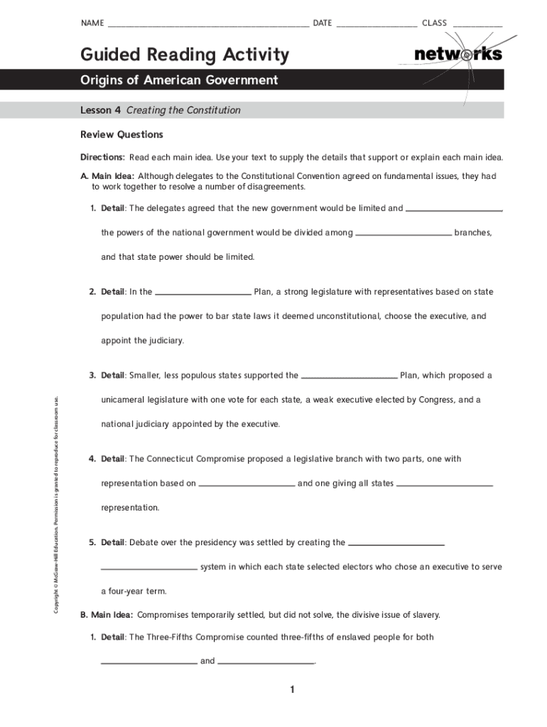 Guided Reading Activity Origins Of American Government Lesson 4 ...