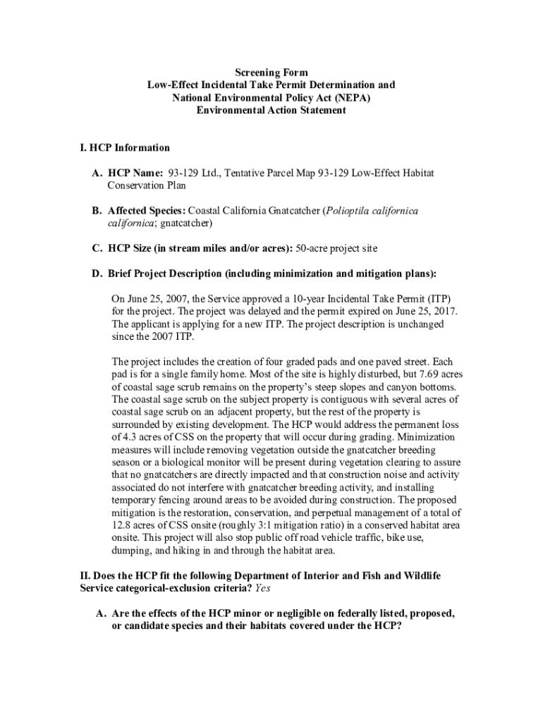 Fillable Online Screening Form Low-Effect Incidental Take Permit ...