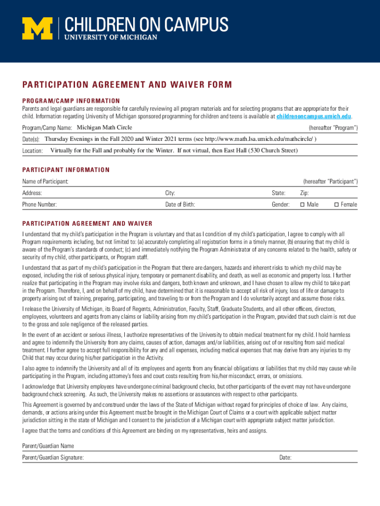 Fillable Online participation agreement and waiver form - University of ...