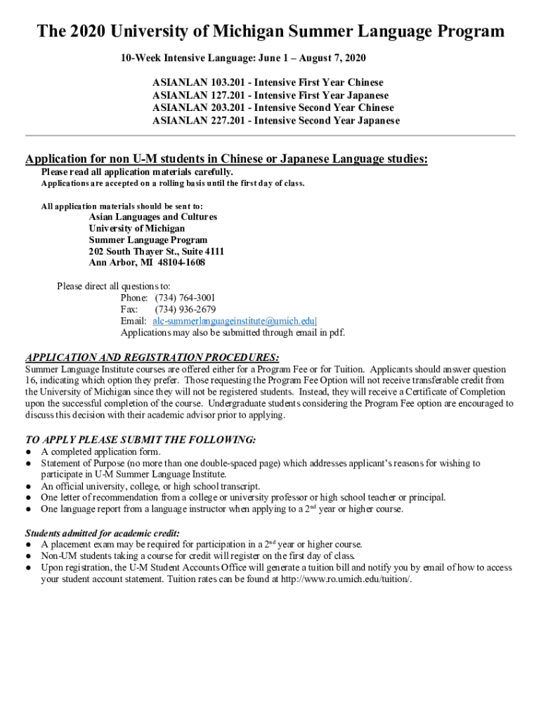 Fillable Online lsa umich The 2020 University of Michigan Summer ...