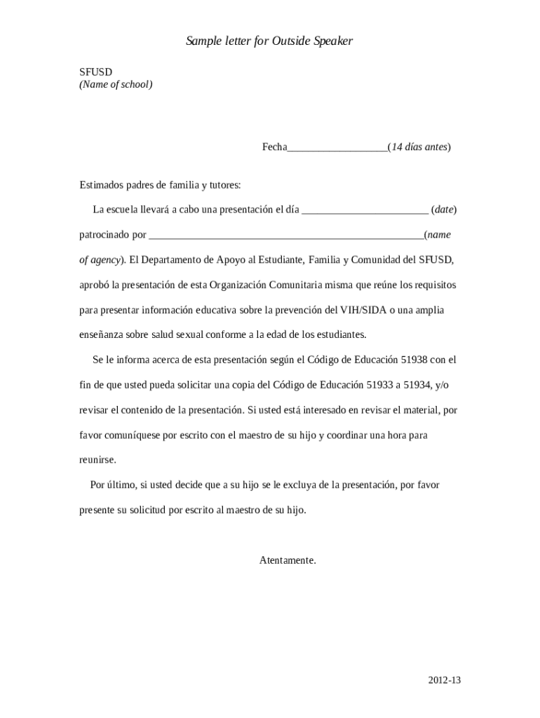 Sample letter for Outside Speaker Doc Template | pdfFiller