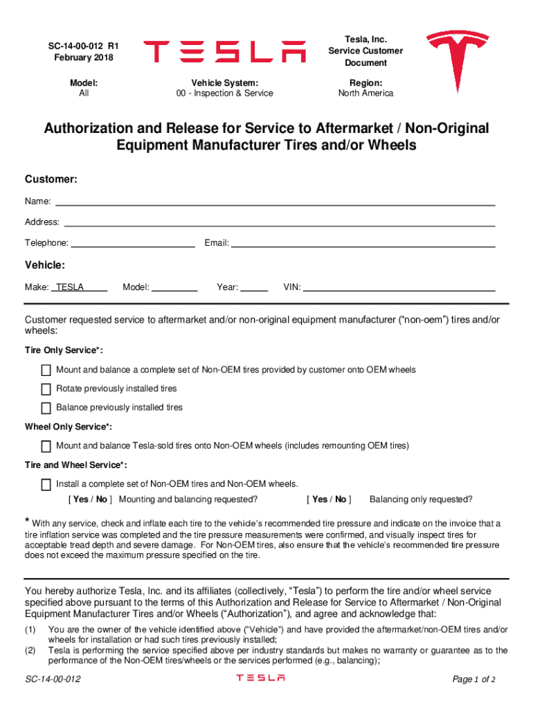 Fillable Online aftermarket tire install authorization form.pdf - Tesla ...
