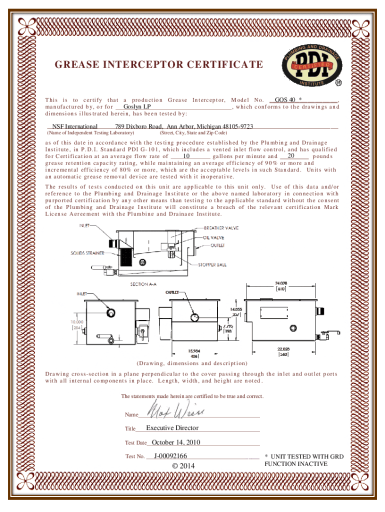 Fillable Online grease interceptor certificate - Goslyn Fax Email Print ...