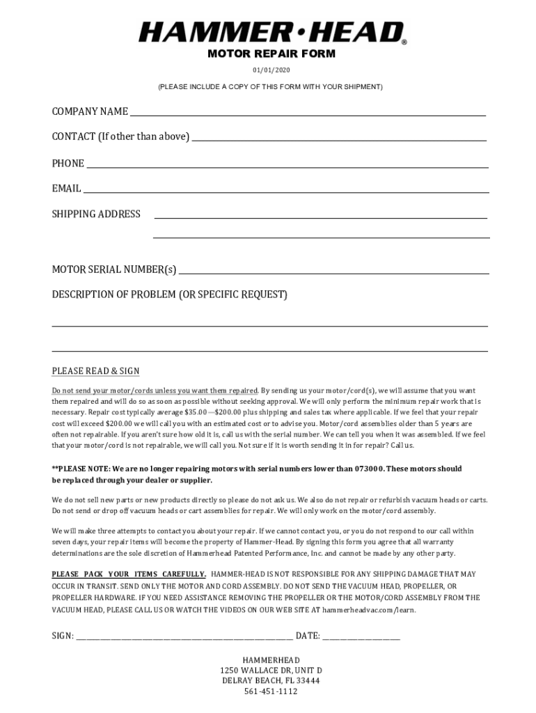 Fillable Online MOTOR REPAIR FORM Fax Email Print - pdfFiller