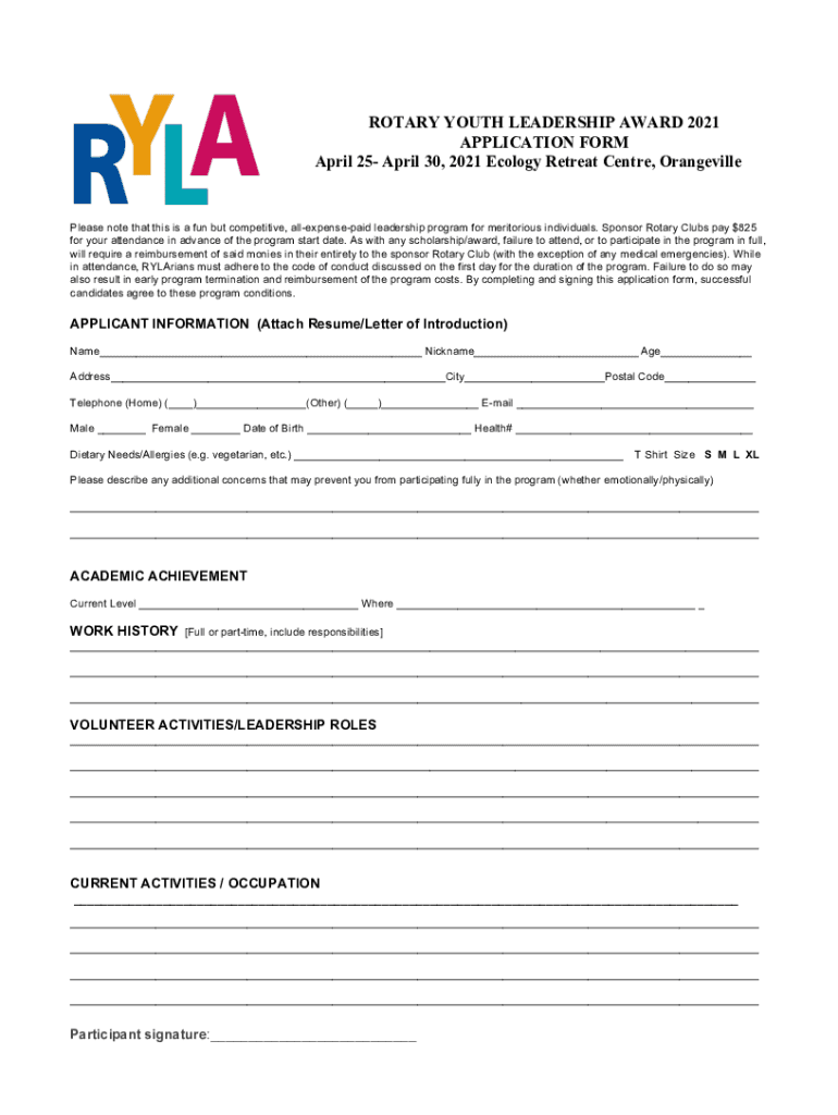 Fillable Online Application Form (Download) - Rotary Youth Leadership ...