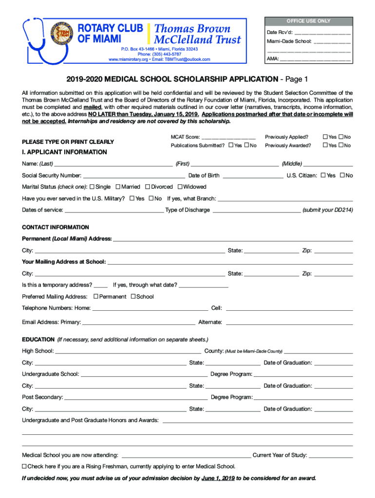 Fillable Online 2019-2020 MEDICAL SCHOOL SCHOLARSHIP APPLICATION ...