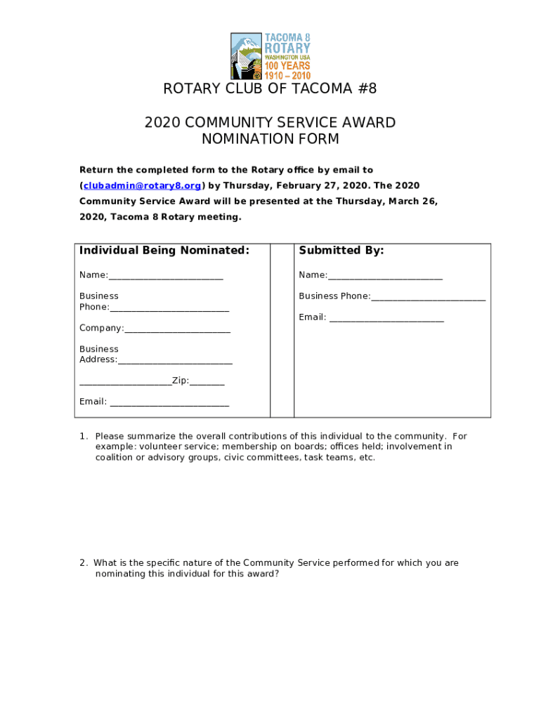 Return the completed to the Rotary office by email to (clubadminrotary8 ...
