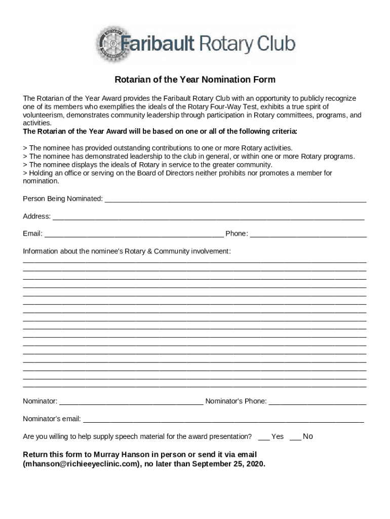 Rotarian of the Year 2020 Nomination Doc Template | pdfFiller